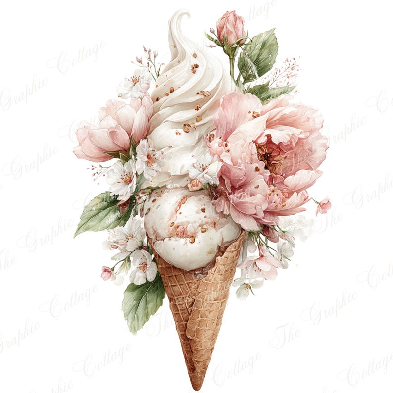 Watercolor Ice Cream Clipart: Pastel Summer Dessert Illustrations PNG ...