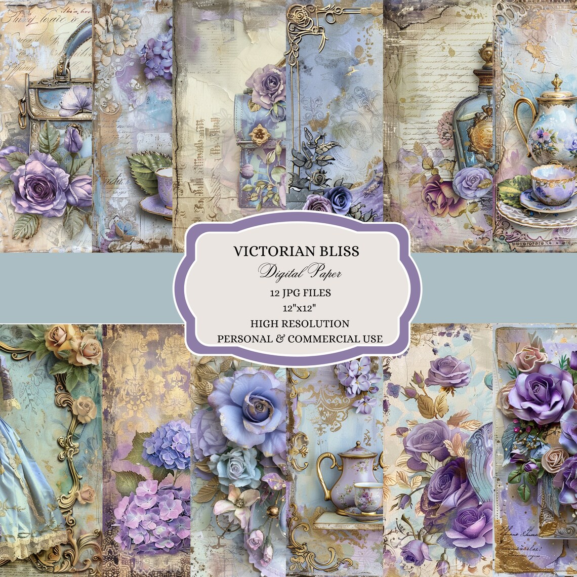 Blue and Purple Victorian Bliss Paper With Gold Designs, Shabby Chic ...