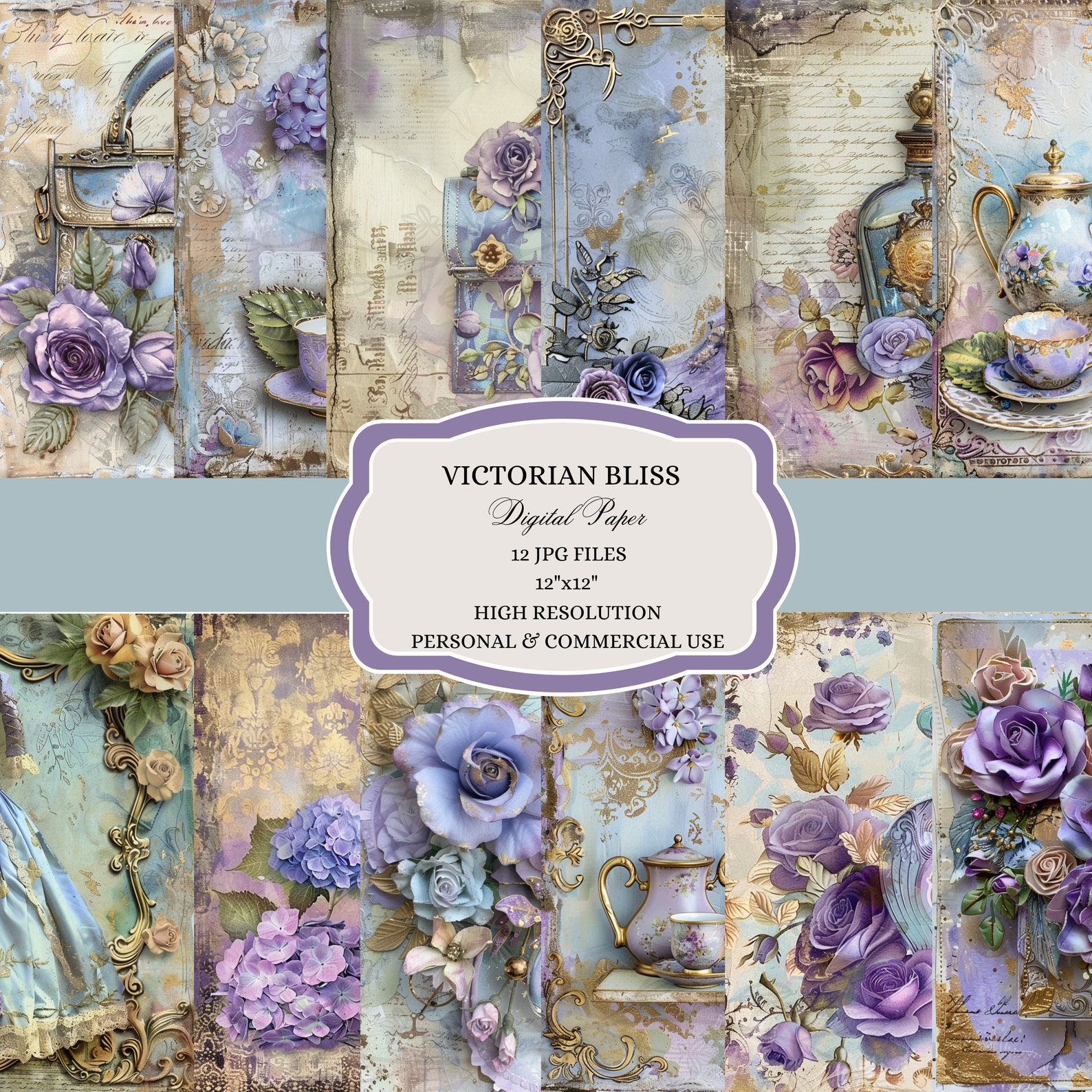 Blue and Purple Victorian Bliss Paper With Gold Designs, Shabby Chic ...