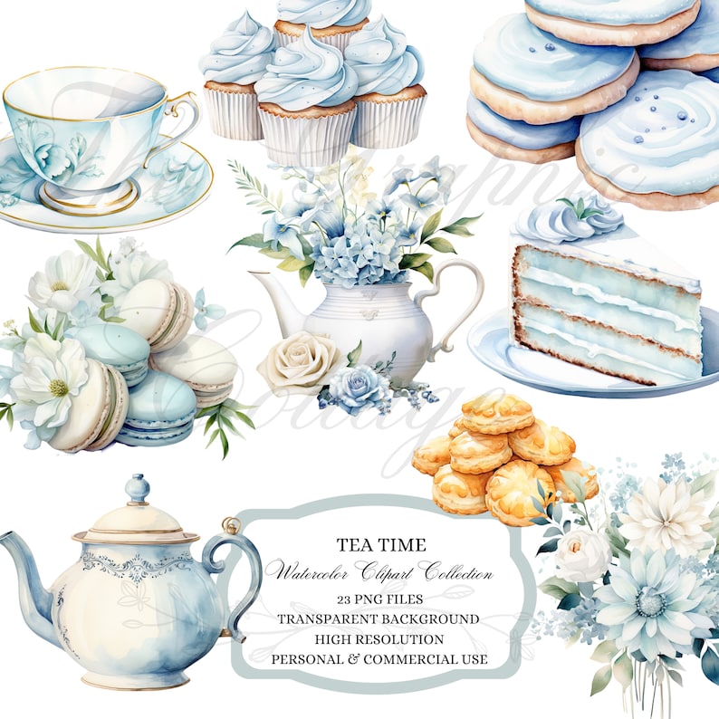 Watercolor Tea Party Clipart, Tea Time, Tea Party Invitation, Floral ...