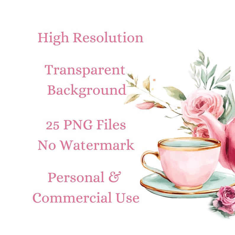Watercolor Afternoon Tea Clipart, Romantic Tea Party, Pink and Mint ...
