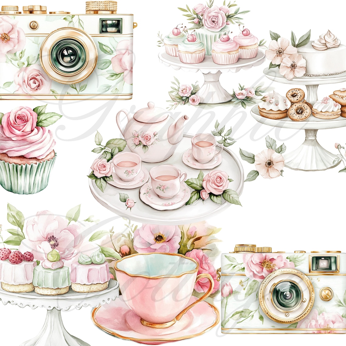 Watercolor Afternoon Tea Clipart, Romantic Tea Party, Pink and Mint ...