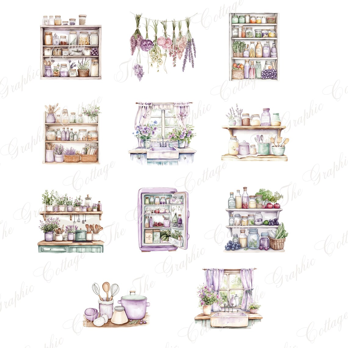 Watercolor Kitchen Clipart, Romantic Kitchen, Purple and Mint Kitchen ...
