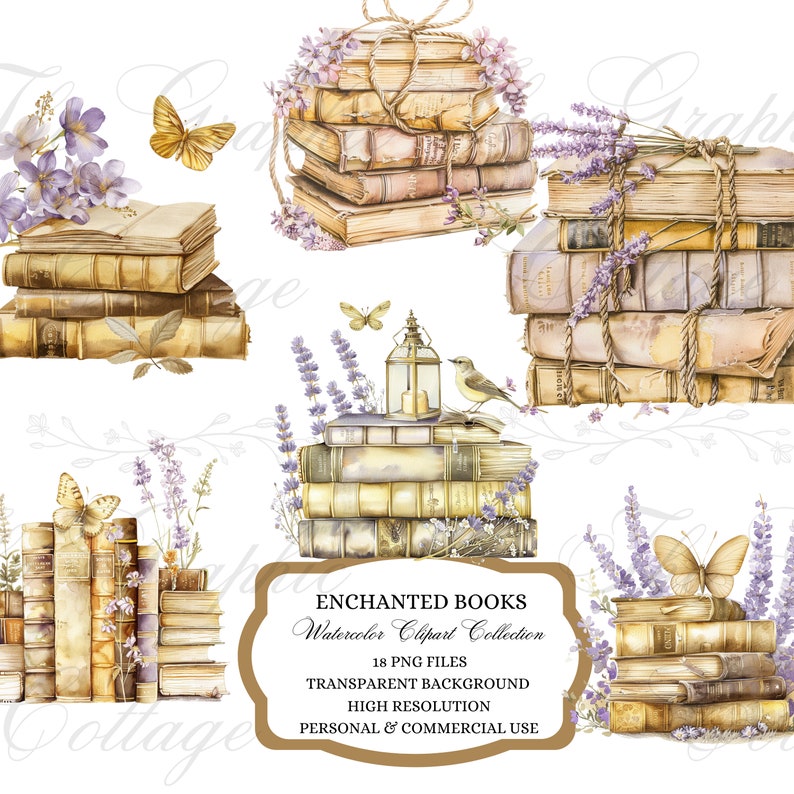 Watercolor Enchanted Books Clipart, Old Books, Vintage Books, Bird ...