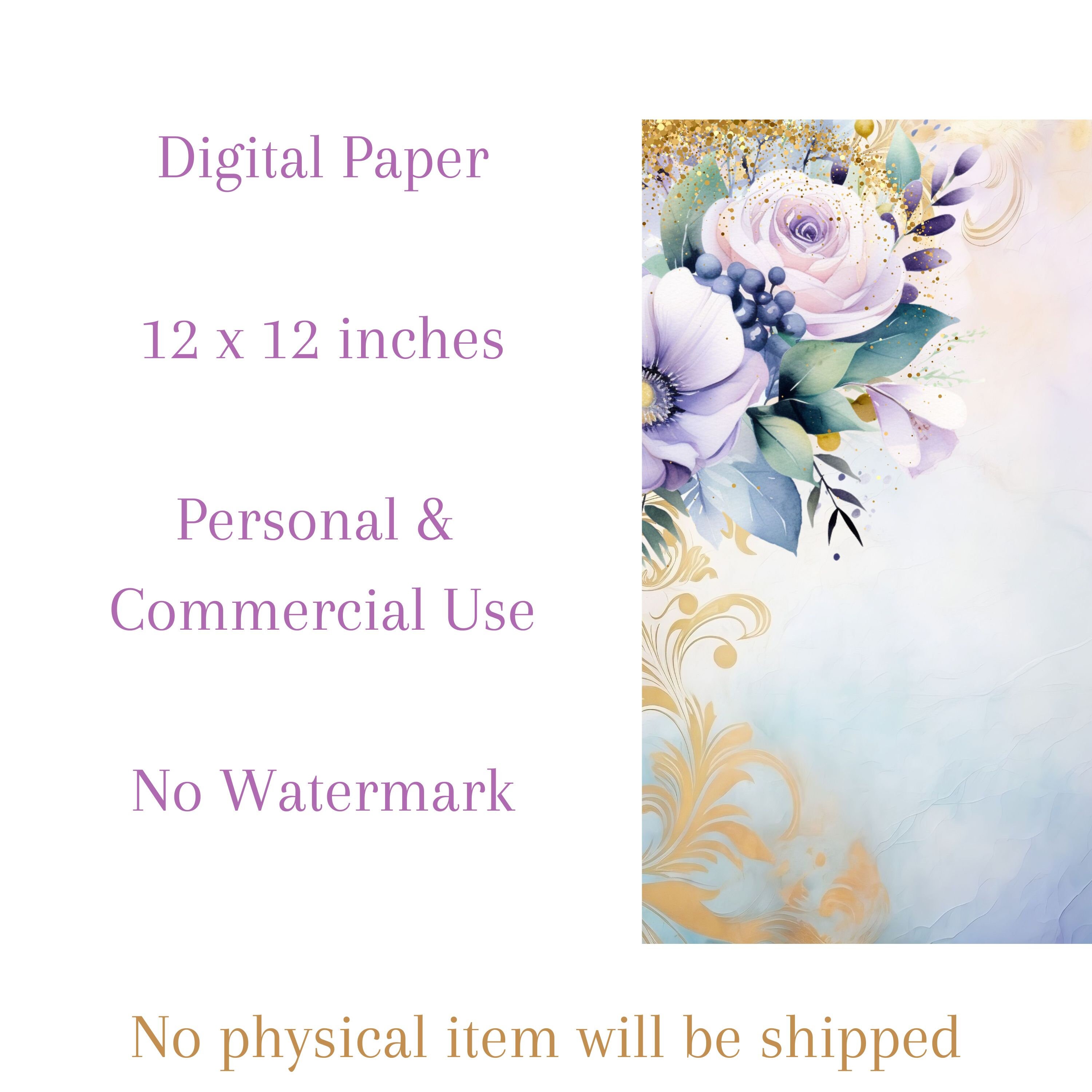 Purple Floral Paper With Gold Designs, Shabby Chic Paper, Romantic ...