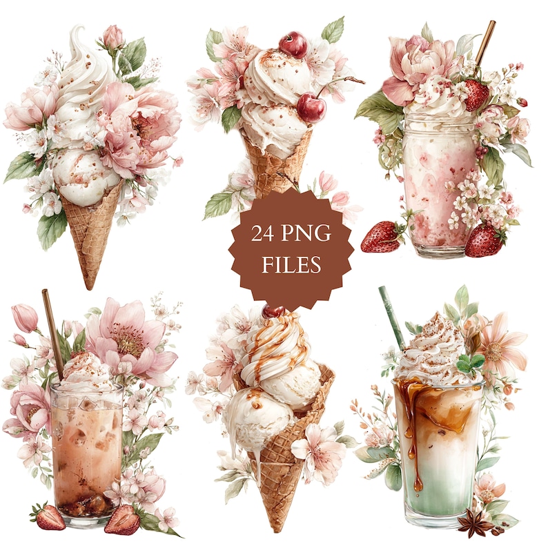Watercolor Ice Cream Clipart: Pastel Summer Dessert Illustrations PNG ...