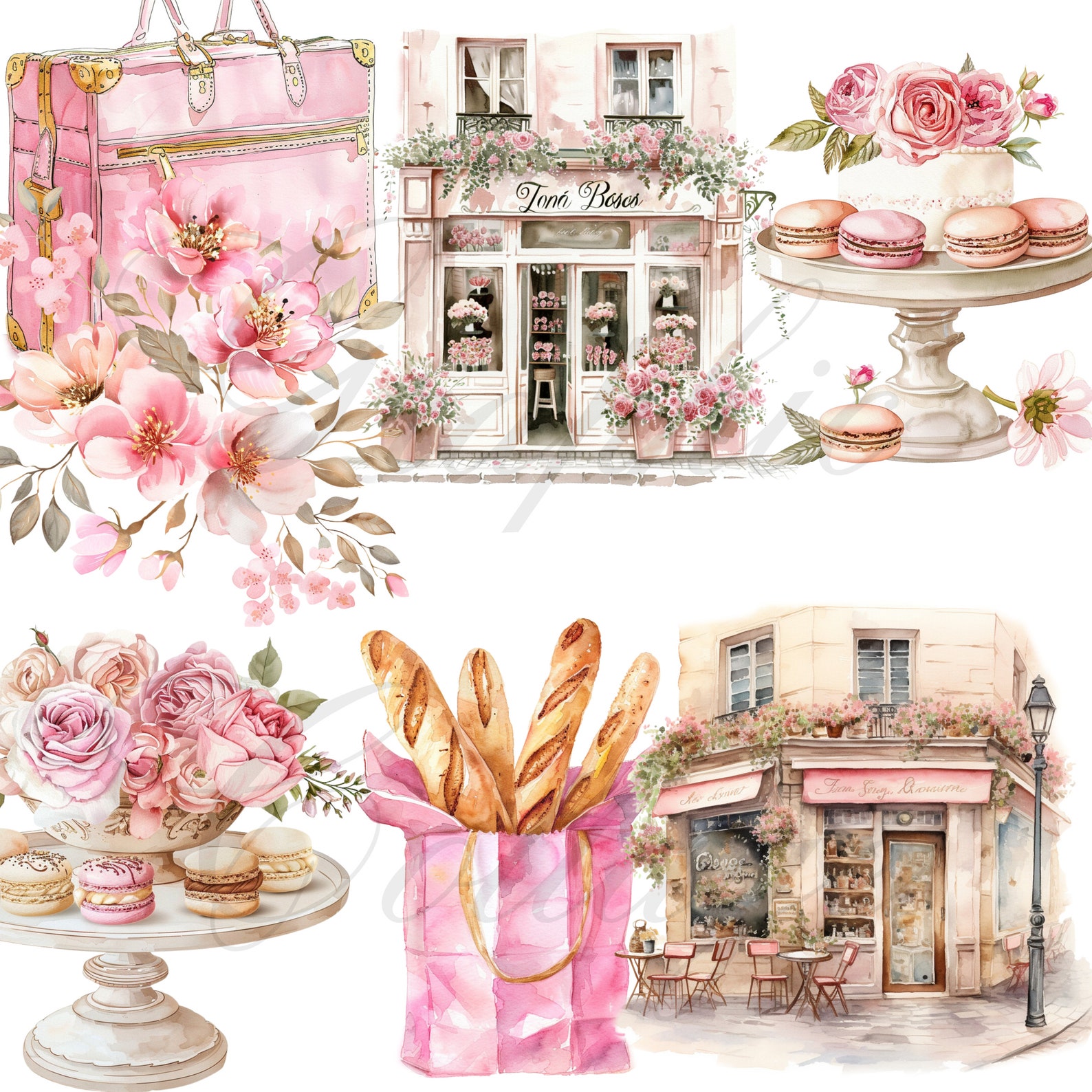 Watercolor Paris Clipart, Romantic Paris, Pink and Blush Clipart, Wall ...