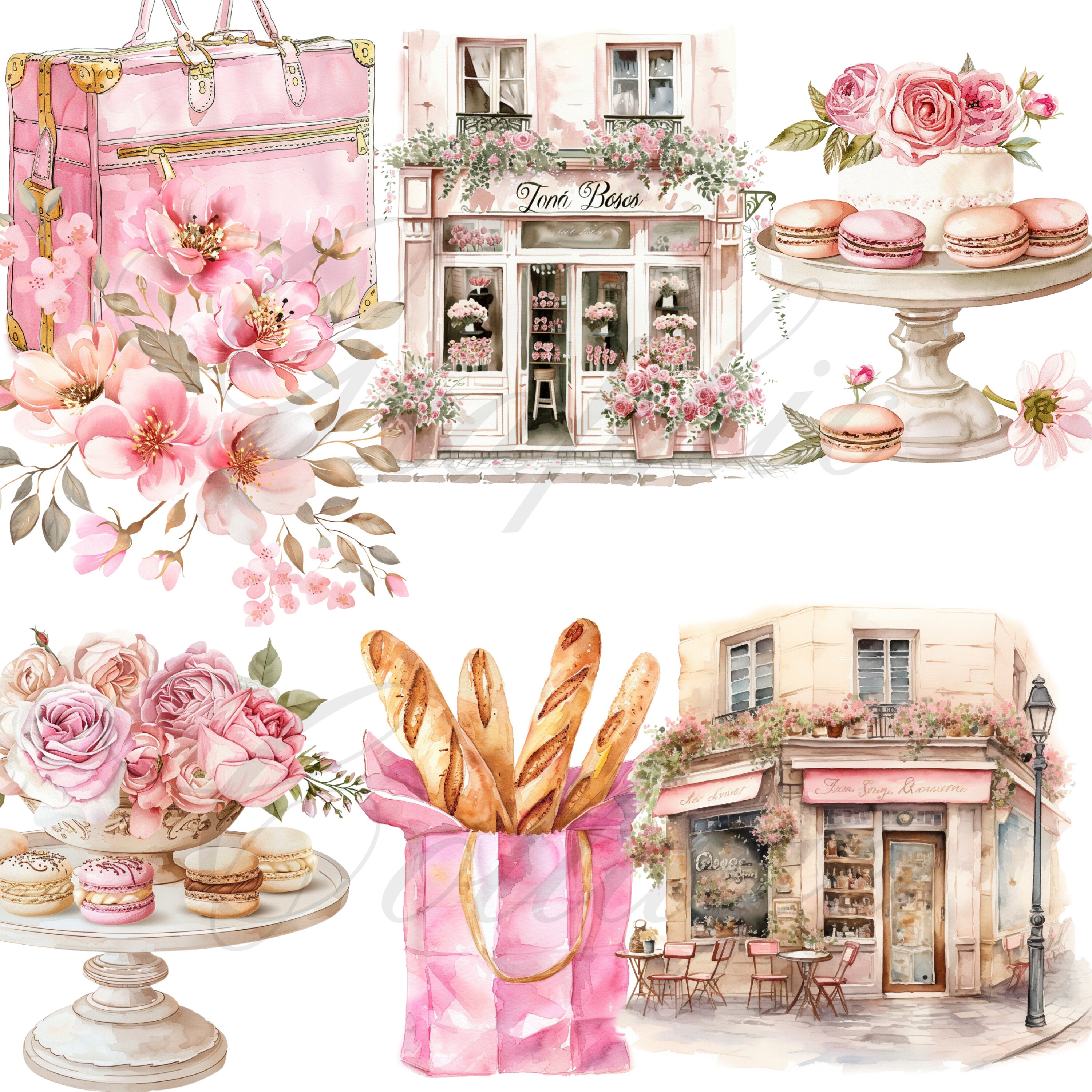 Watercolor Paris Clipart, Romantic Paris, Pink and Blush Clipart, Wall ...