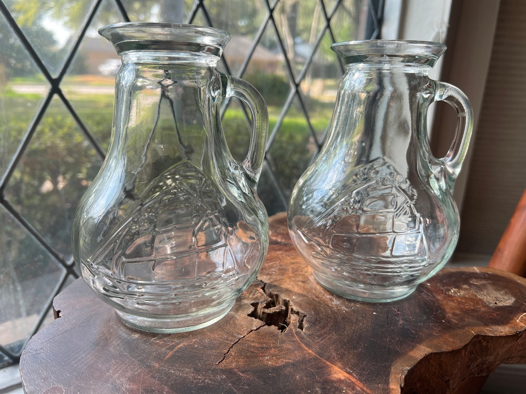 Set of 2 Clipper Ship Embossed Sail Boat Small Clear Glass Pitcher With ...