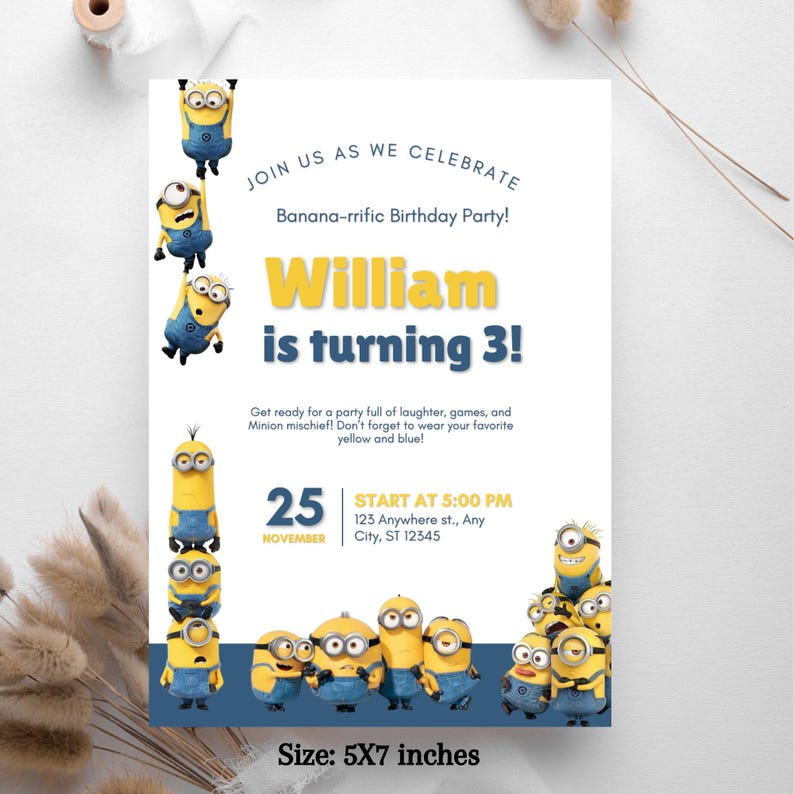Minion Birthday Invitation Template & Gift Tag Bundle, Baptism or Any ...