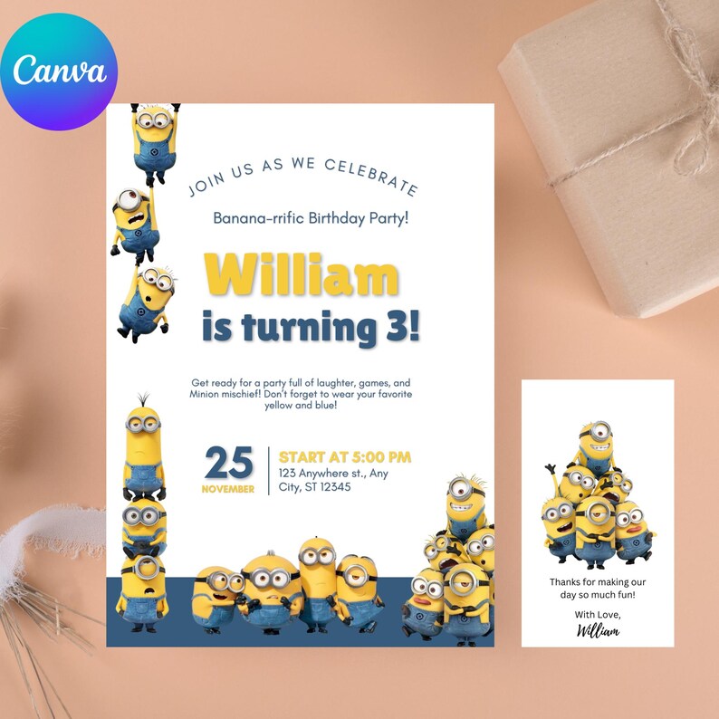 Minion Birthday Invitation Template & Gift Tag Bundle, Baptism or Any ...