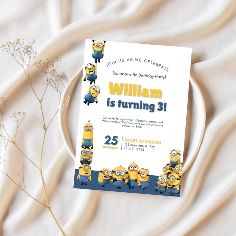 Minion Birthday Invitation Template & Gift Tag Bundle, Baptism or Any ...