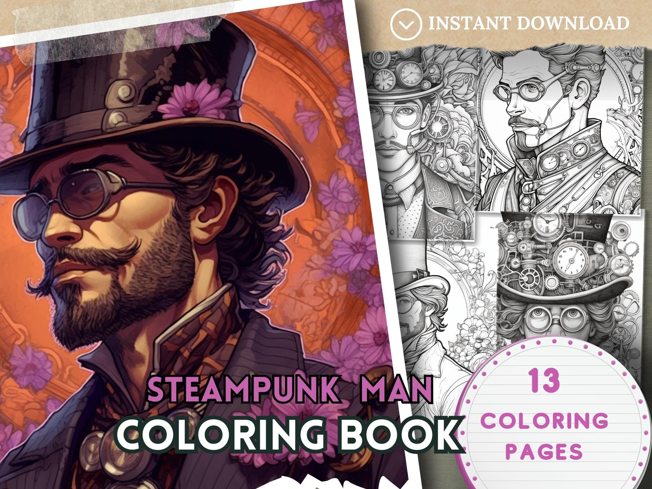 Grayscale Steampunk Man Coloring Page Fantasy Coloring Page Instant ...