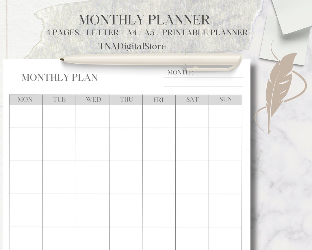 Monthly Planner Printable Monthly Agenda Monday & Sunday - Etsy