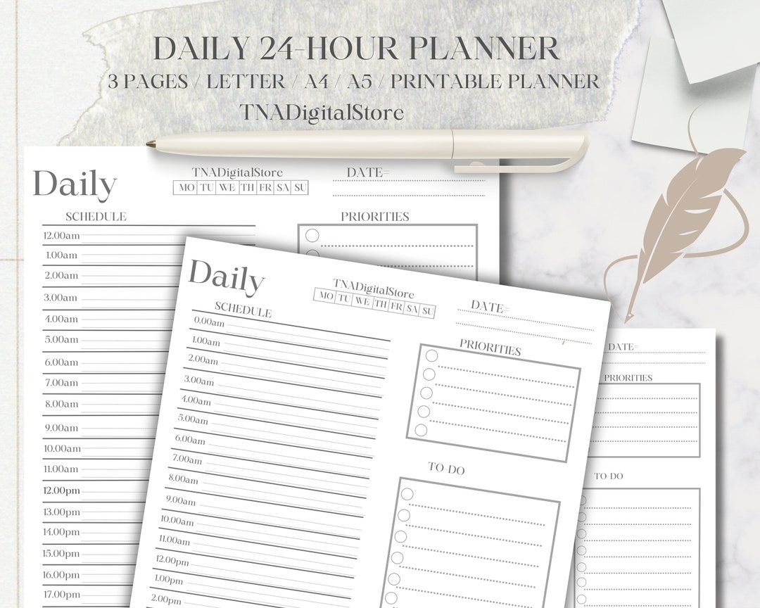 Daily Planner Printable With 24-hour Time Hourly Planner - Etsy