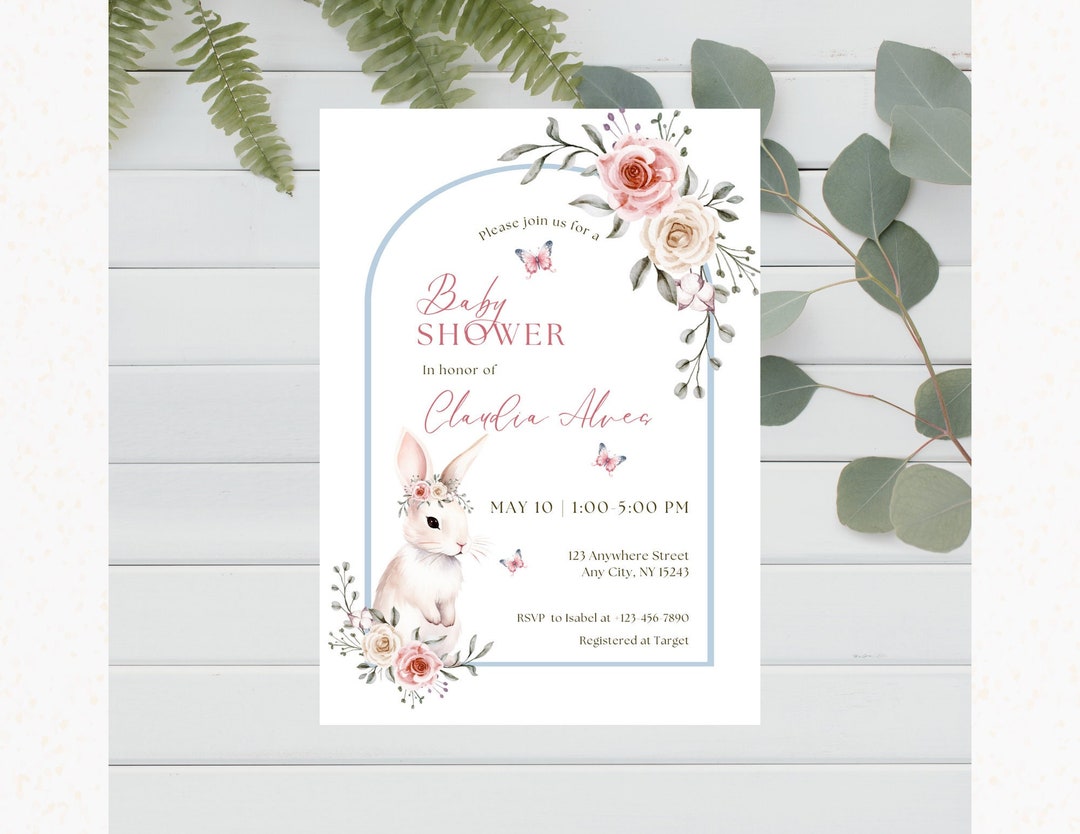 Bunny Baby Shower Invitations for Girl, Baby Bunny Rabbit Pink Boho ...