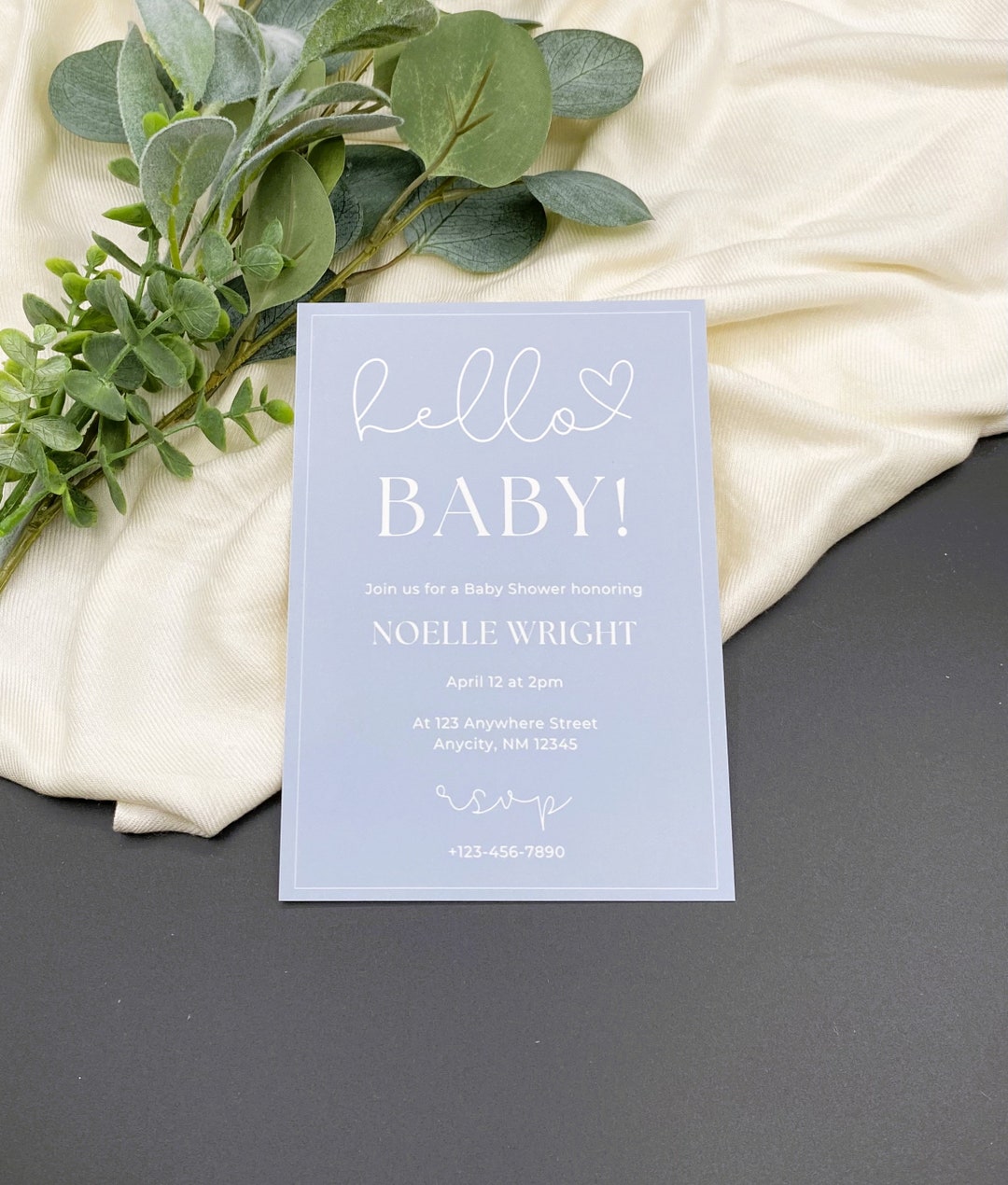 PRINTED Baby Shower Invitations for Baby Girl or Boy, Grey Blue Hello ...