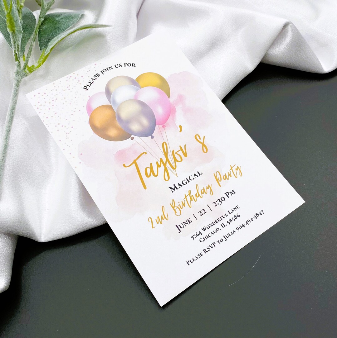Balloon Birthday Invitations for Girl, Pink and Gold Balloons Birthday ...