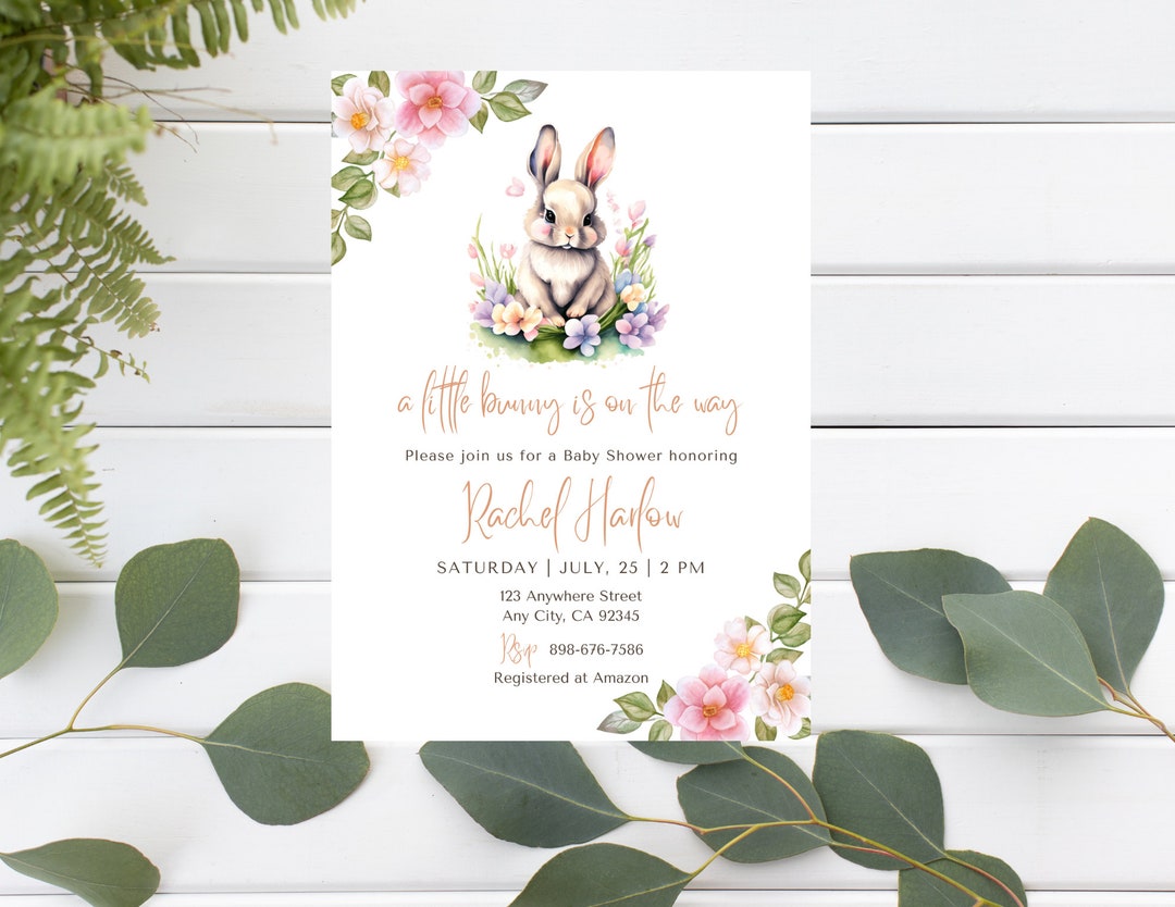 PRINTED Bunny Baby Shower Invitations for Girls, a Little Bunny is on ...