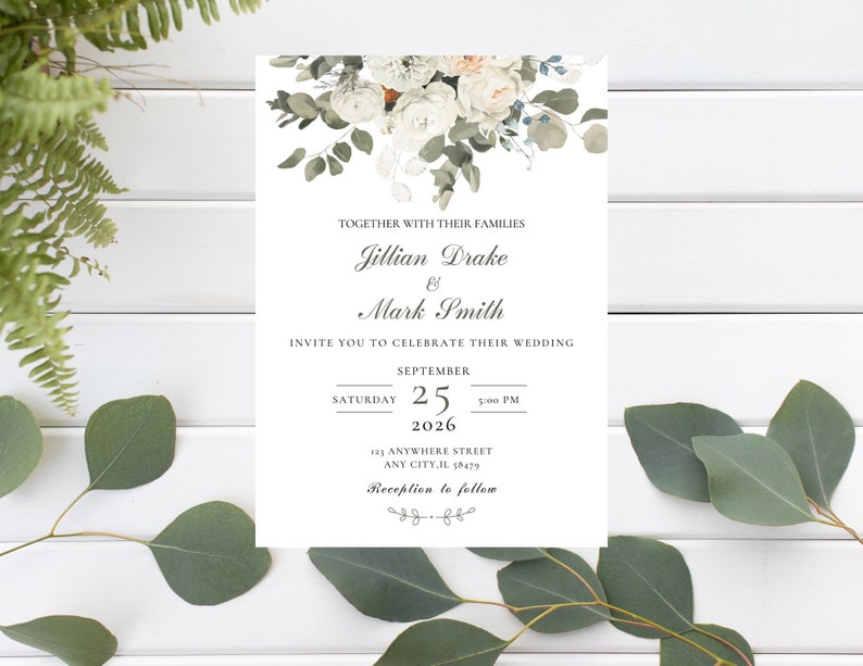 Classic White Roses Wedding Invitations, Elegant Wedding Invites ...