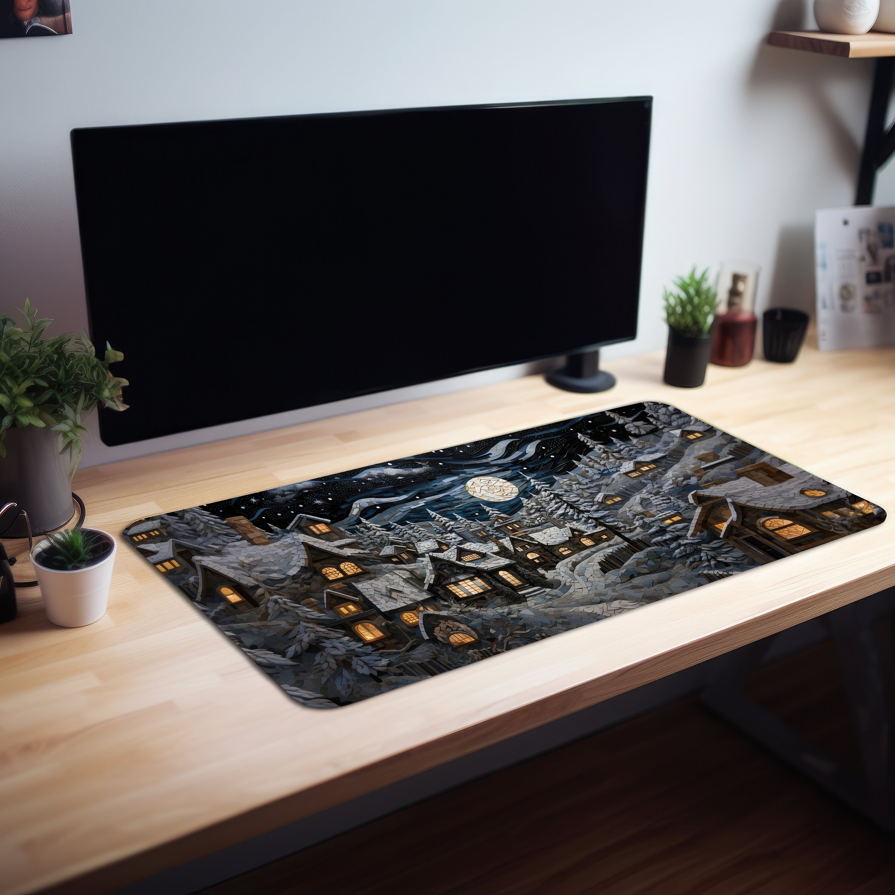 Original Mosaic Tile Art Winter Village Scene Scape Mouse Pad Desk Matt ...