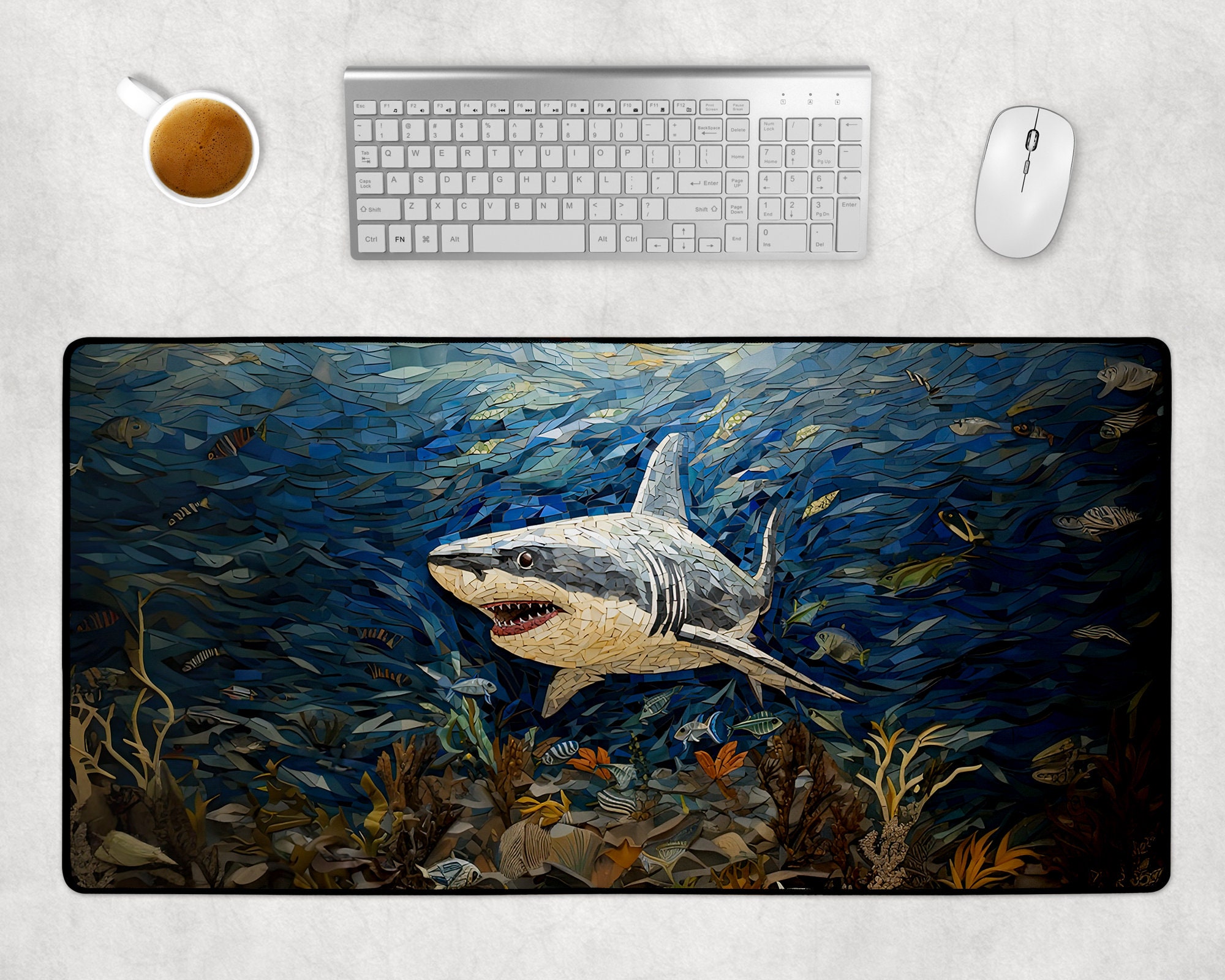 Oceanic Original Mosaic Tile Art Deep Under Water Shark Mouse Pad ...