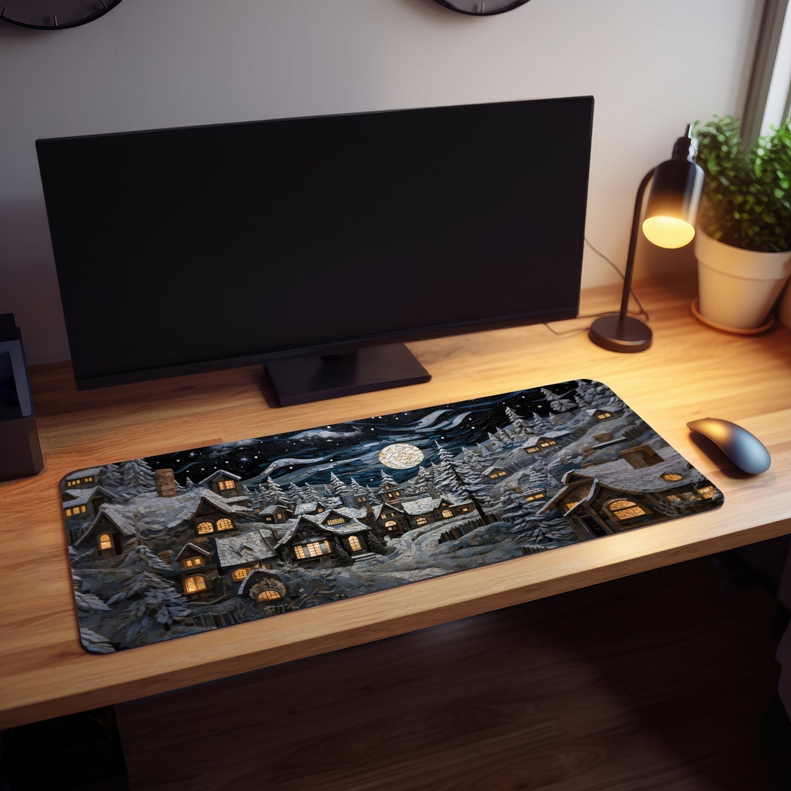Original Mosaic Tile Art Winter Village Scene Scape Mouse Pad Desk Matt ...