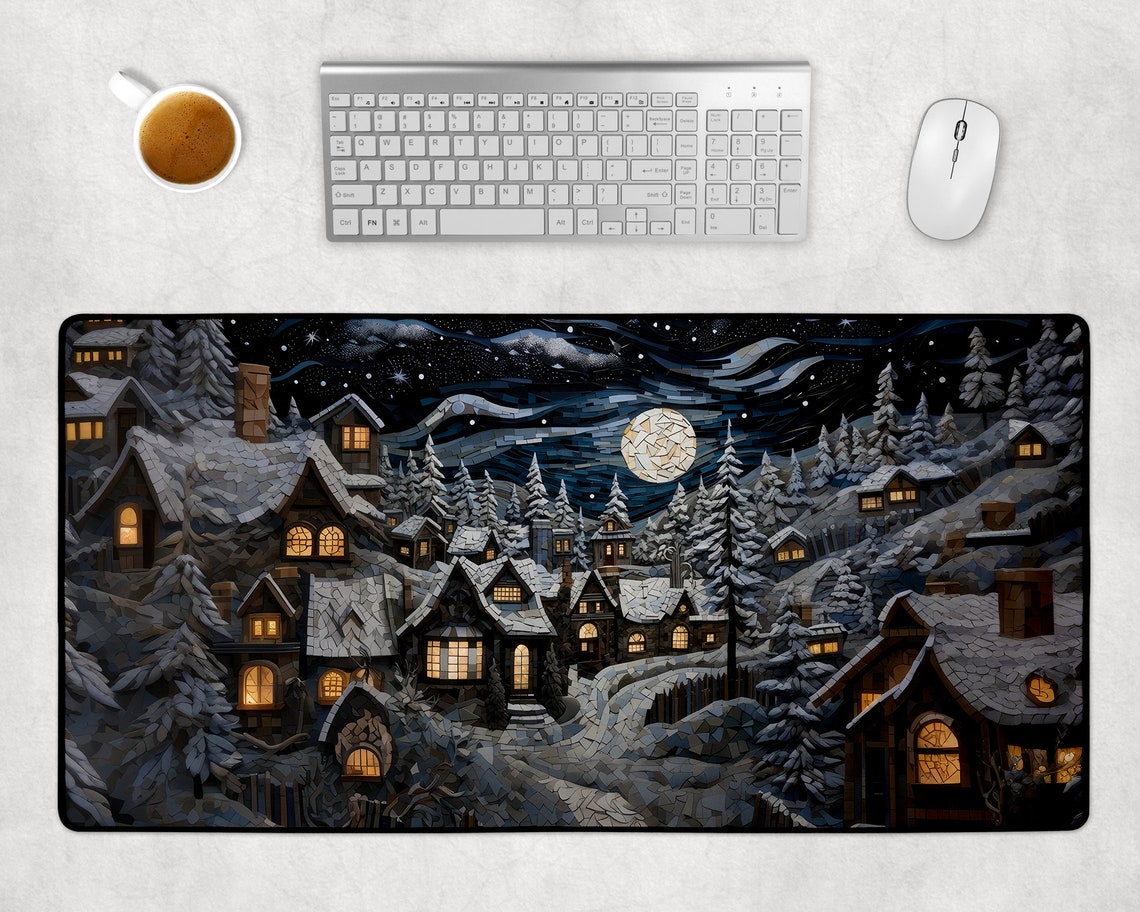 Original Mosaic Tile Art Winter Village Scene Scape Mouse Pad Desk Matt ...
