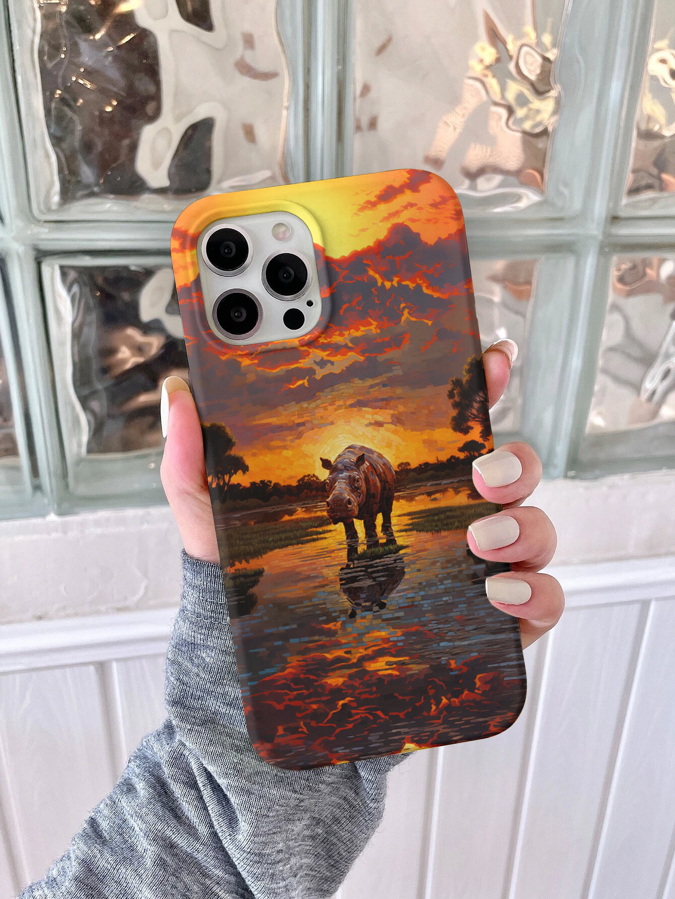Original Mosaic Tile Art Sunset Savannah Art Hippo iPhone Case - Etsy