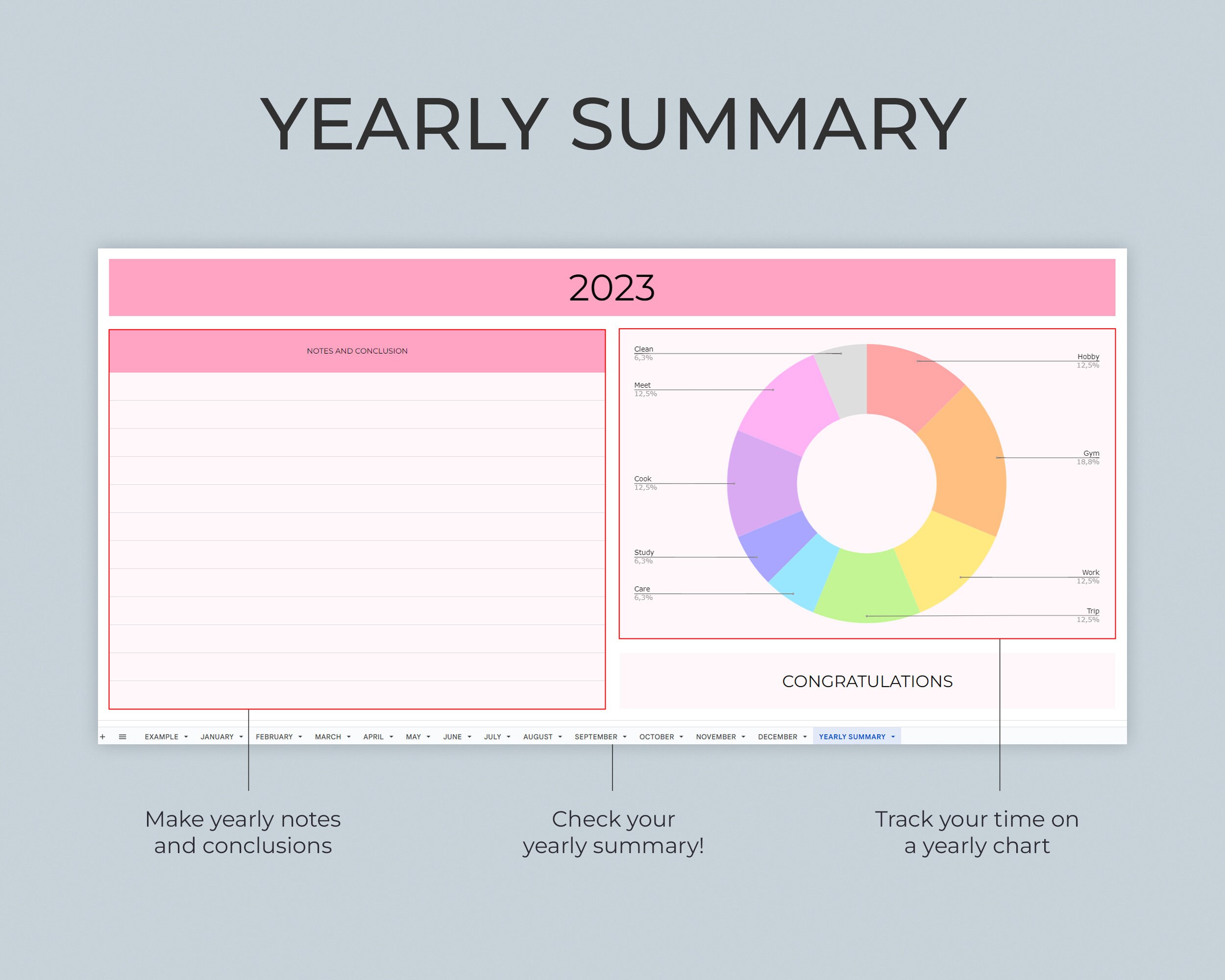 2023 Yearly Planner and Time Tracker Google Sheets Template Weekly ...