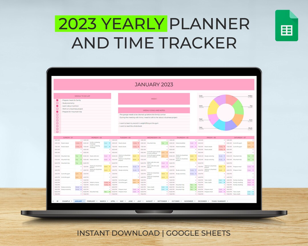 2023 Yearly Planner and Time Tracker Google Sheets Template Weekly ...
