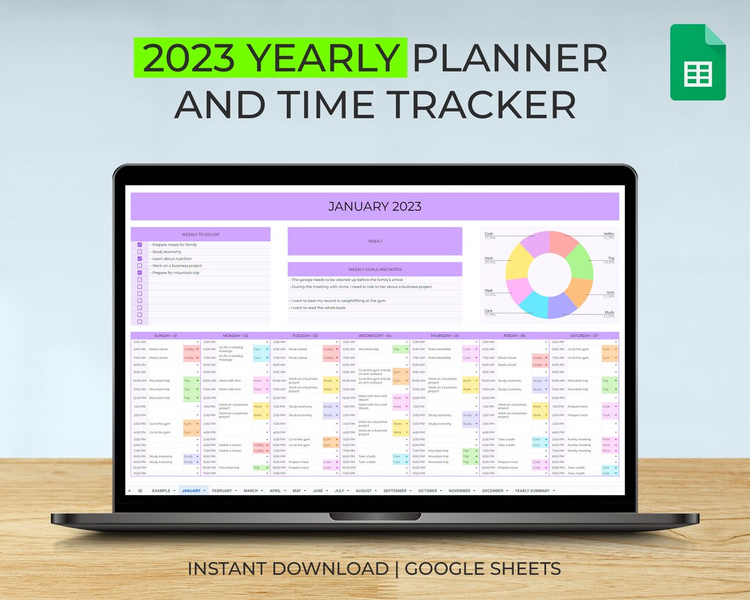 2023 Yearly Planner and Time Tracker Google Sheets Template - Etsy