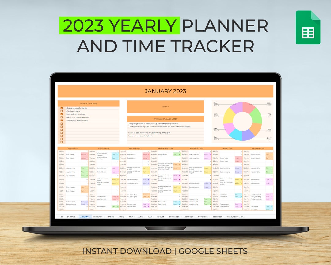 2023 Yearly Planner and Time Tracker Google Sheets Template Weekly ...