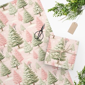 Pink Christmas Tree Wrapping Paper, Pastel Holiday Gift Wrap, Vintage ...
