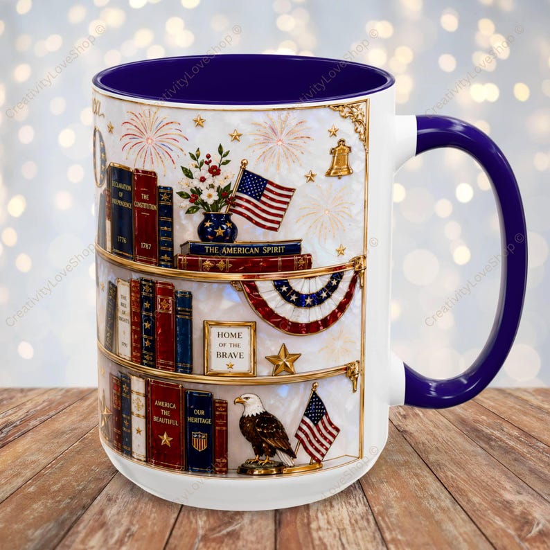 America 250 Mug, Patriotic Bookshelf Coffee Mug, 1776 2026 USA ...