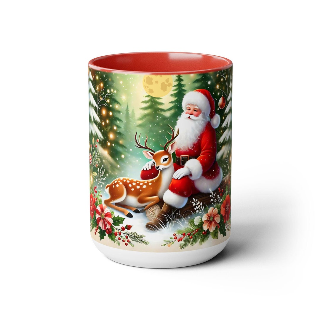 Santa Claus and Deer Christmas Coffee Mug, Vintage Style Mug, Christmas ...
