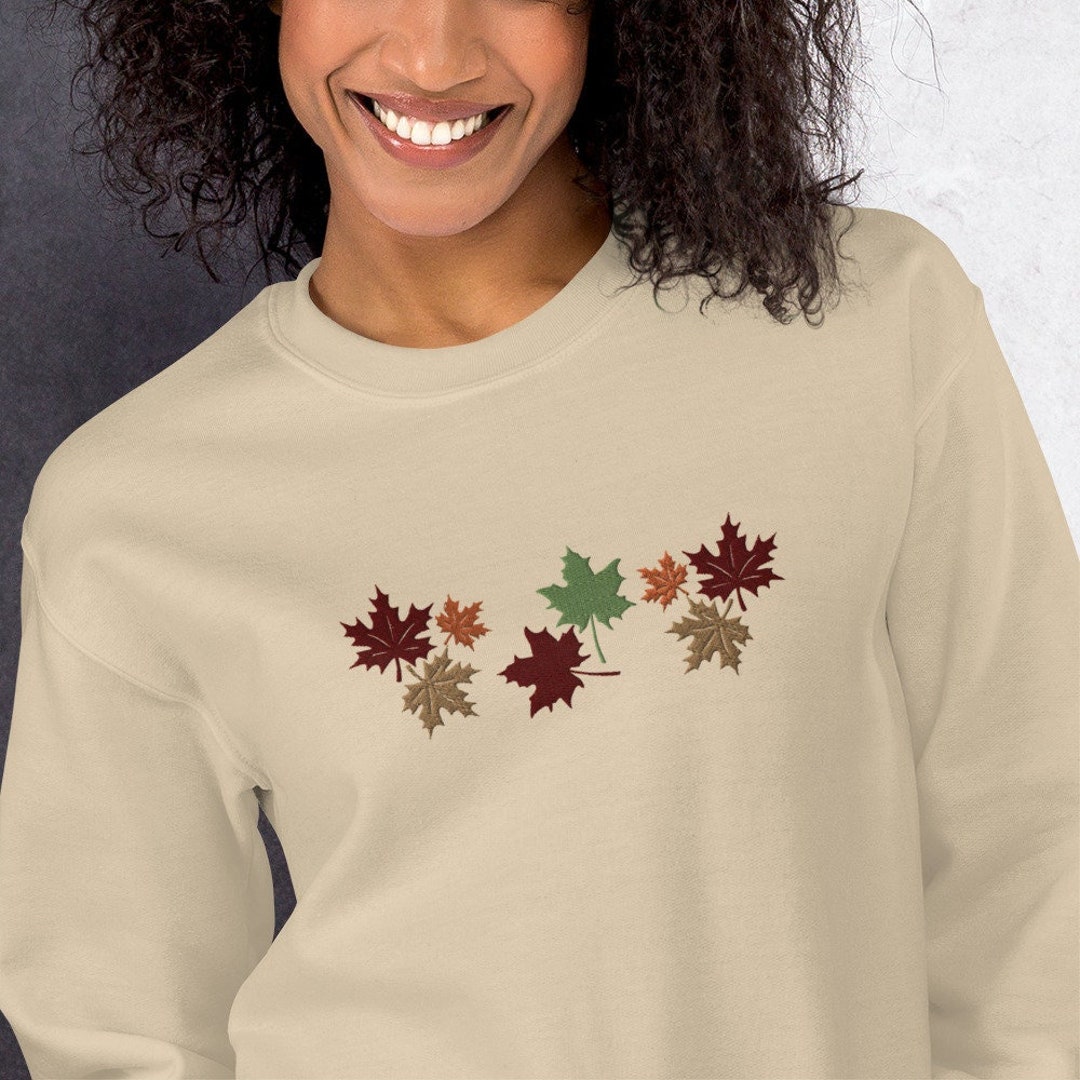 Embroidered Fall Leaves Sweatshirt, Cozy Fall Sweatshirt for Woman ...