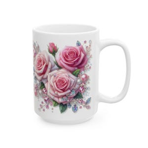 Pearls Roses Mug, Floral Heart Mug Rose Valentine's Day Mug, Pink Rose ...
