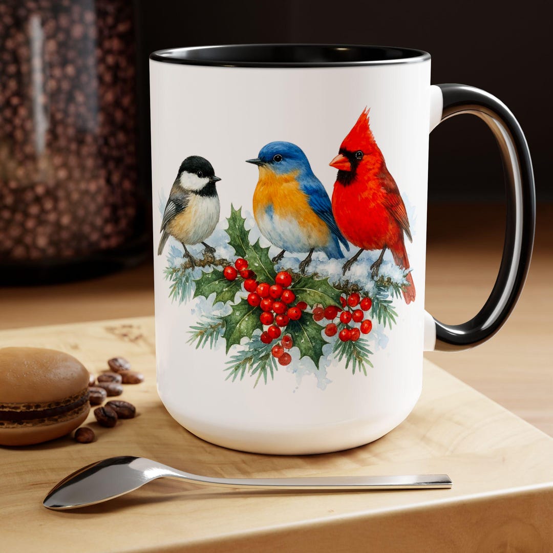 Winter Bird Mug, Cardinal, Bluebird & Chickadee on Snowy Pine Branch ...
