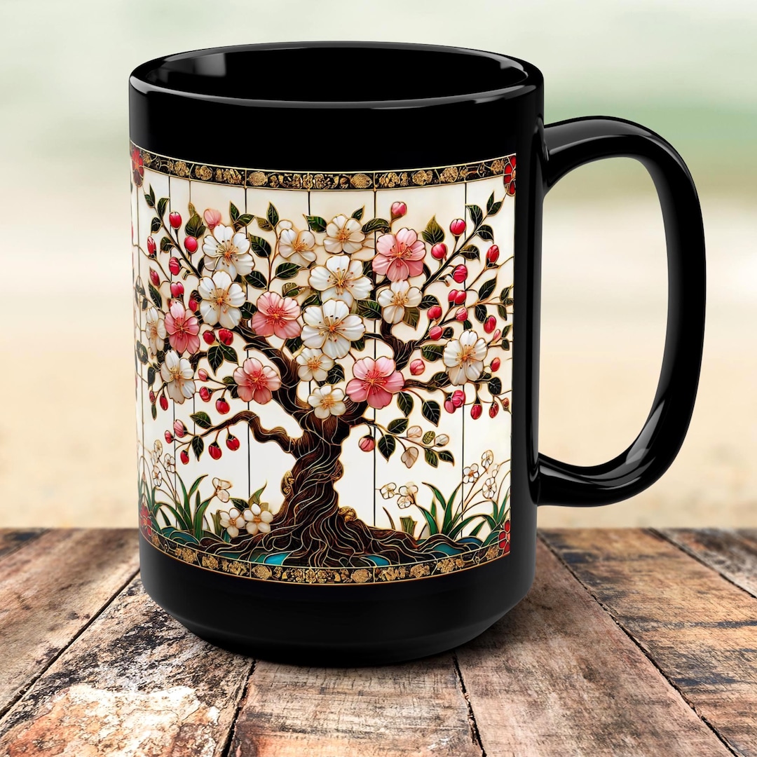 Japanese Bonsai Cherry Blossom Mug, Stained Glass Japanese Style Mug ...