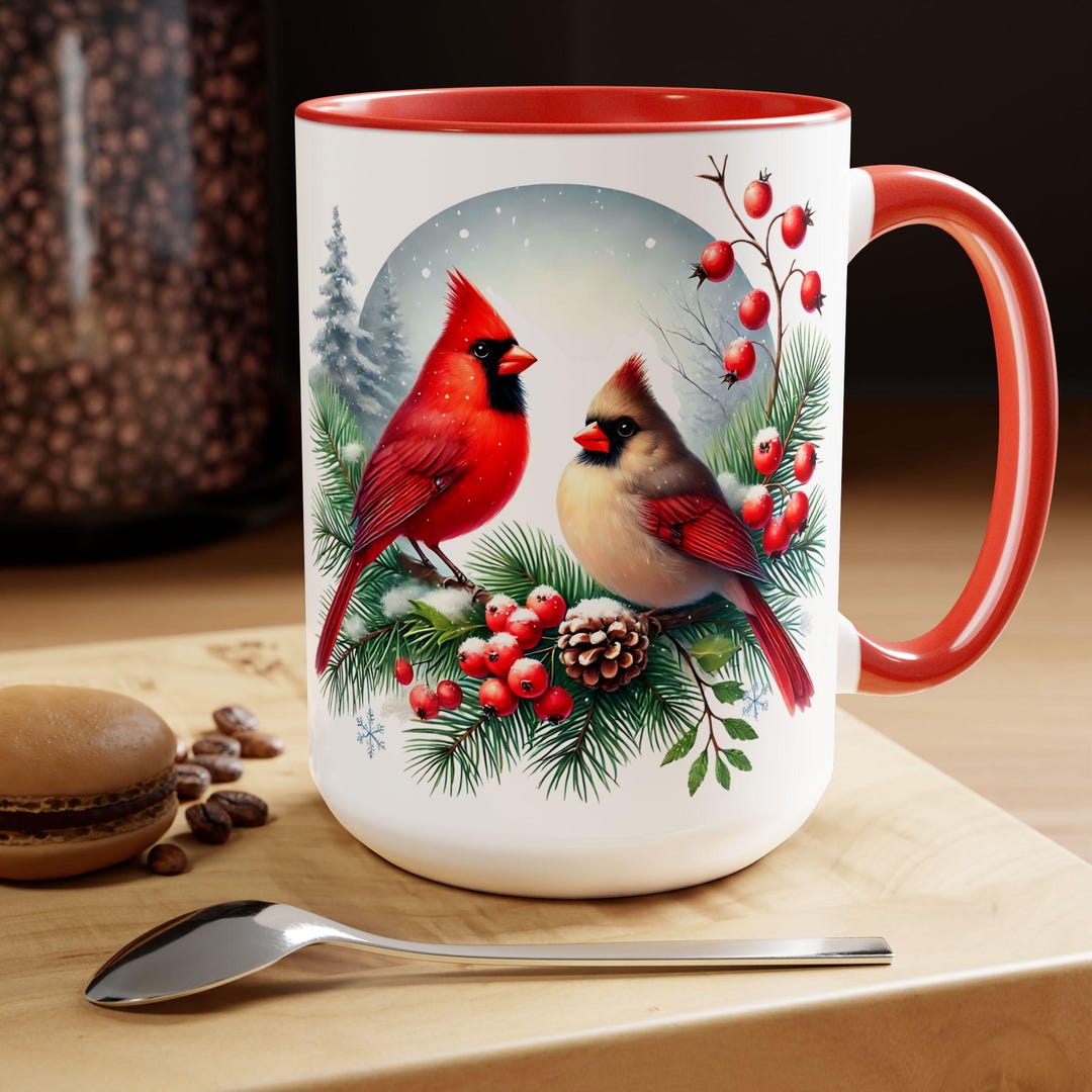 Cardinal Christmas Mug, Bird on Snowy Branch Mug, Bird Retro Christmas Mug, Cottagecore Mug ...