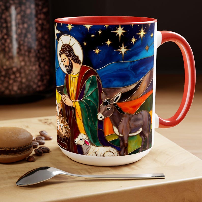 Stained Glass Style Nativity Scene Mug, Christmas Ceramic Mug, Holy ...