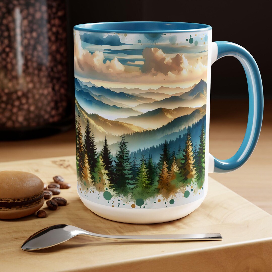 Pine Trees Mug, Watercolor Evergreen Forest Cup, Mountains Coffee Mug ...