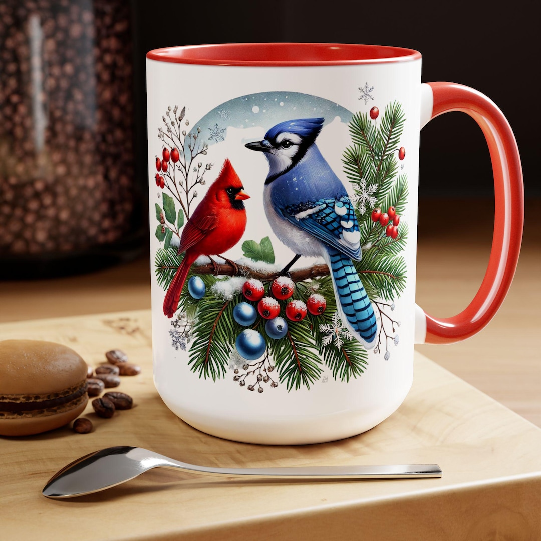 Cardinal Blue Jay Mug, Bird on Snowy Branch Mug, Bird Retro Christmas ...