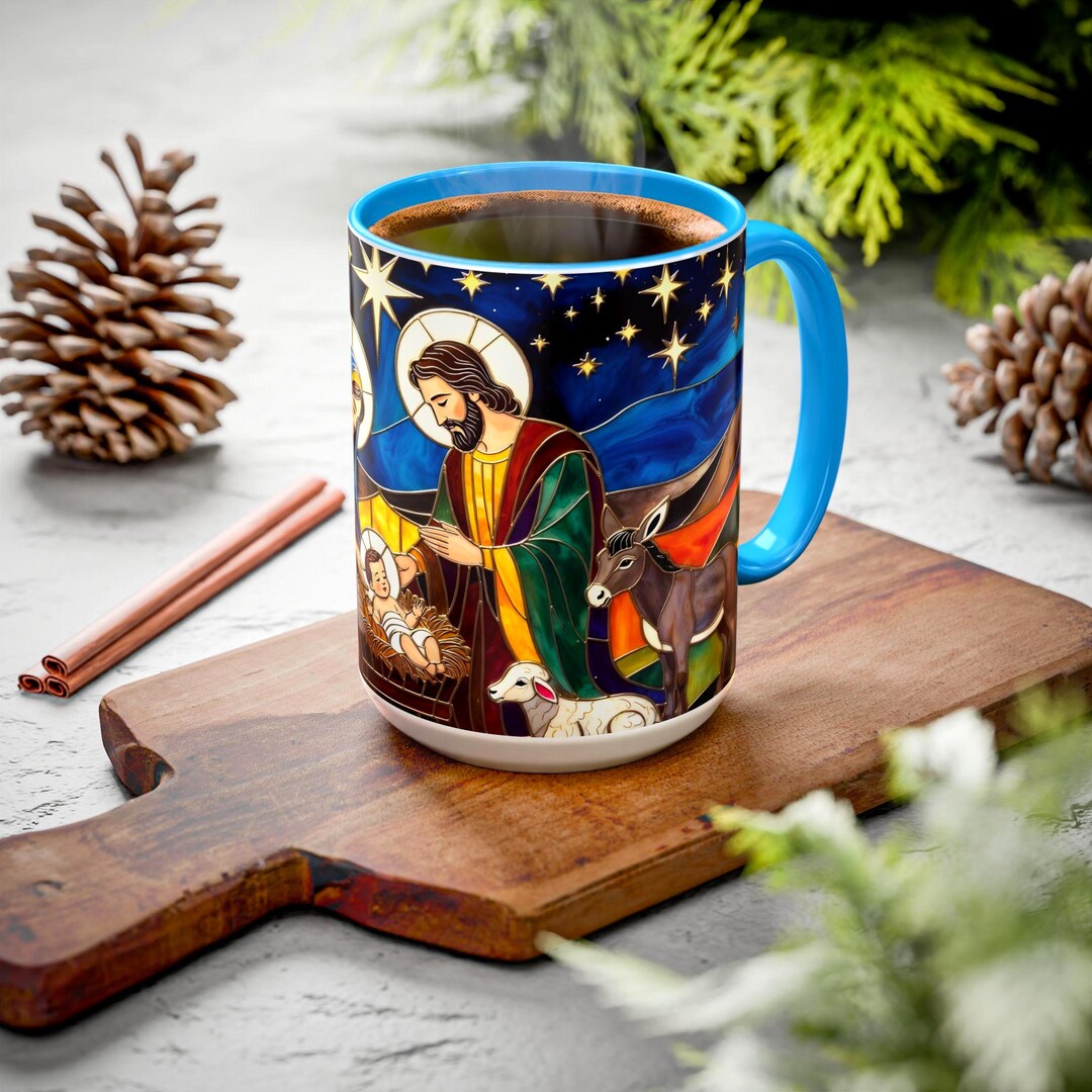 Stained Glass Style Nativity Scene Mug, Christmas Ceramic Mug, Holy ...