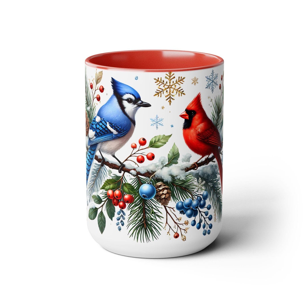 Cardinal Blue Jay Mug, Bird on Snowy Branch Mug, Bird Retro Christmas ...