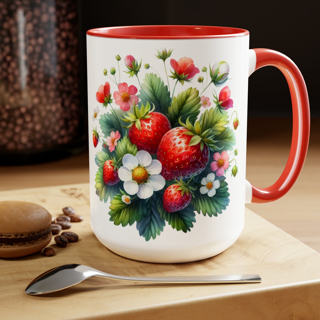 Strawberries Mug, Strawberry and Flowers Mug, Ceramic Cup, Hot Coffee ...