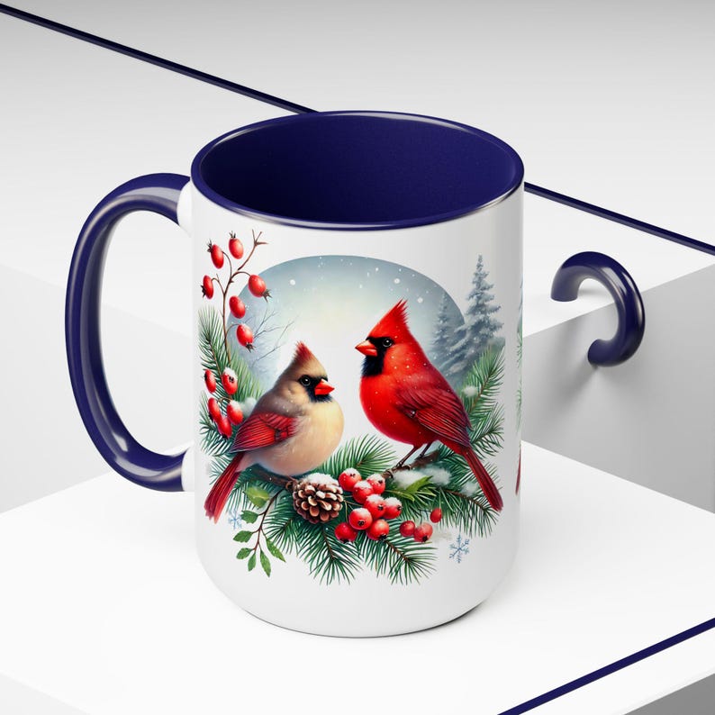 Cardinal Christmas Mug, Bird on Snowy Branch Mug, Bird Retro Christmas ...