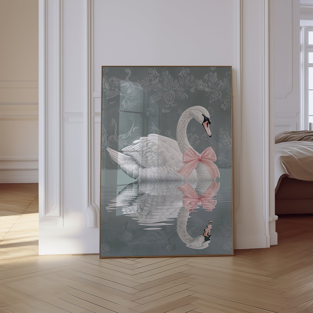 Swan With a Pink Bow Print, Swan Print, Coquette Aesthetic, Coquette ...