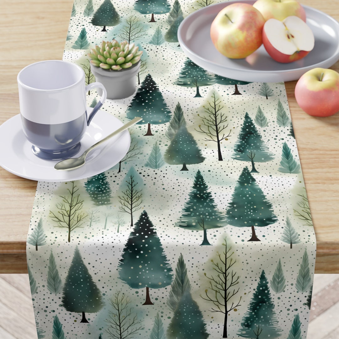 Christmas Tree Table Runner, Winter Table Runner, Watercolor Trees ...